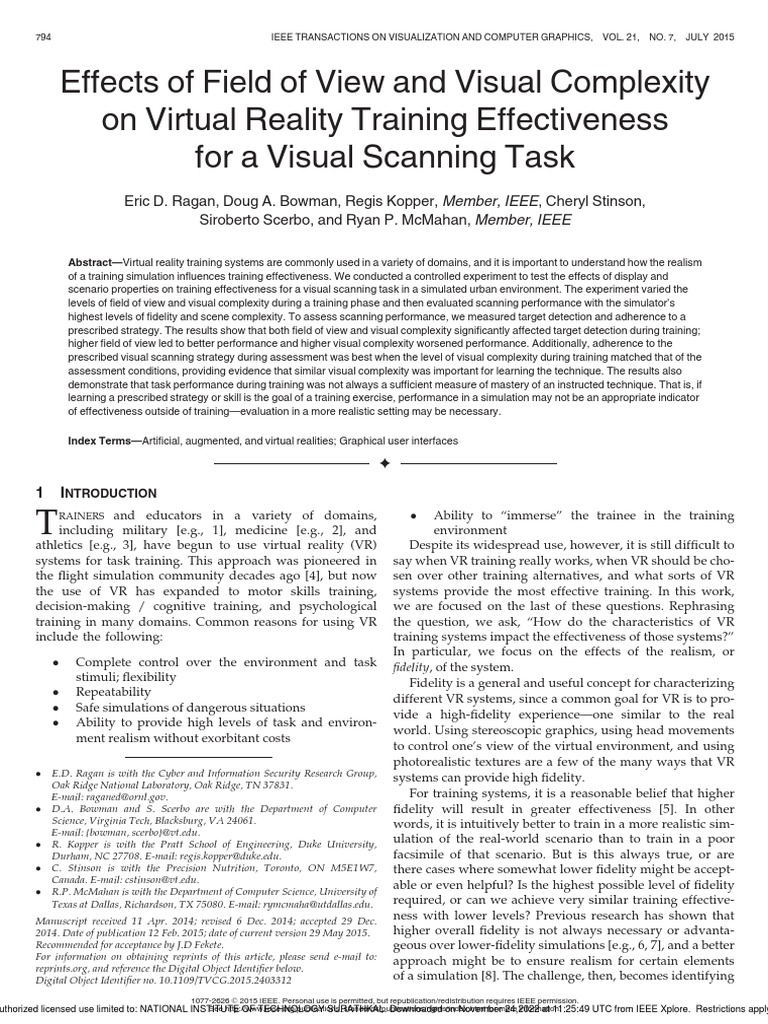 Effects Of Field Of View And Visual Complexity On Virtual Reality Training Effectiveness For A