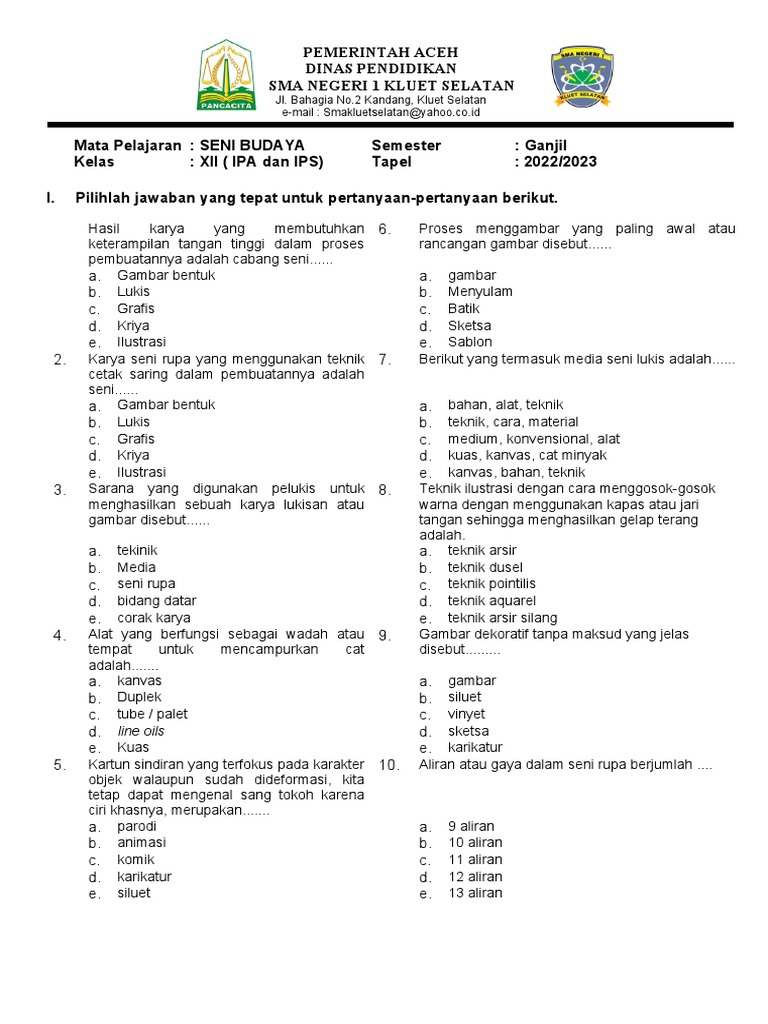 Soal Baru Seni Budaya Kelas 3 | PDF Soal Baru Seni Budaya Kelas 3 | PDF