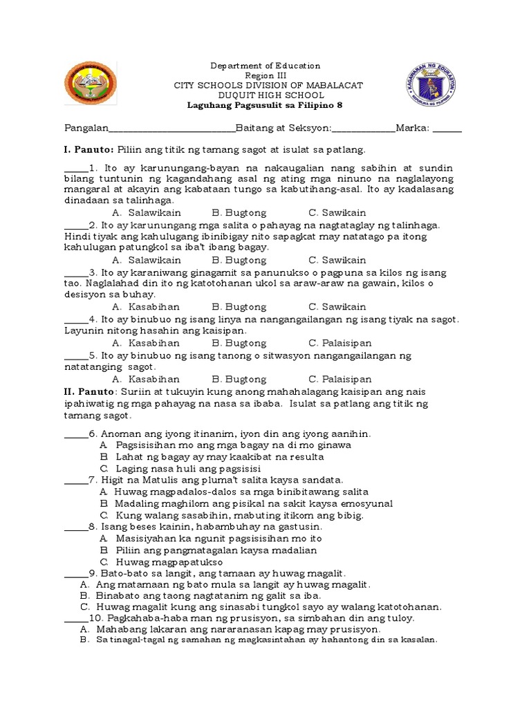 Q1 Grade 8 Diagnostic Test | PDF