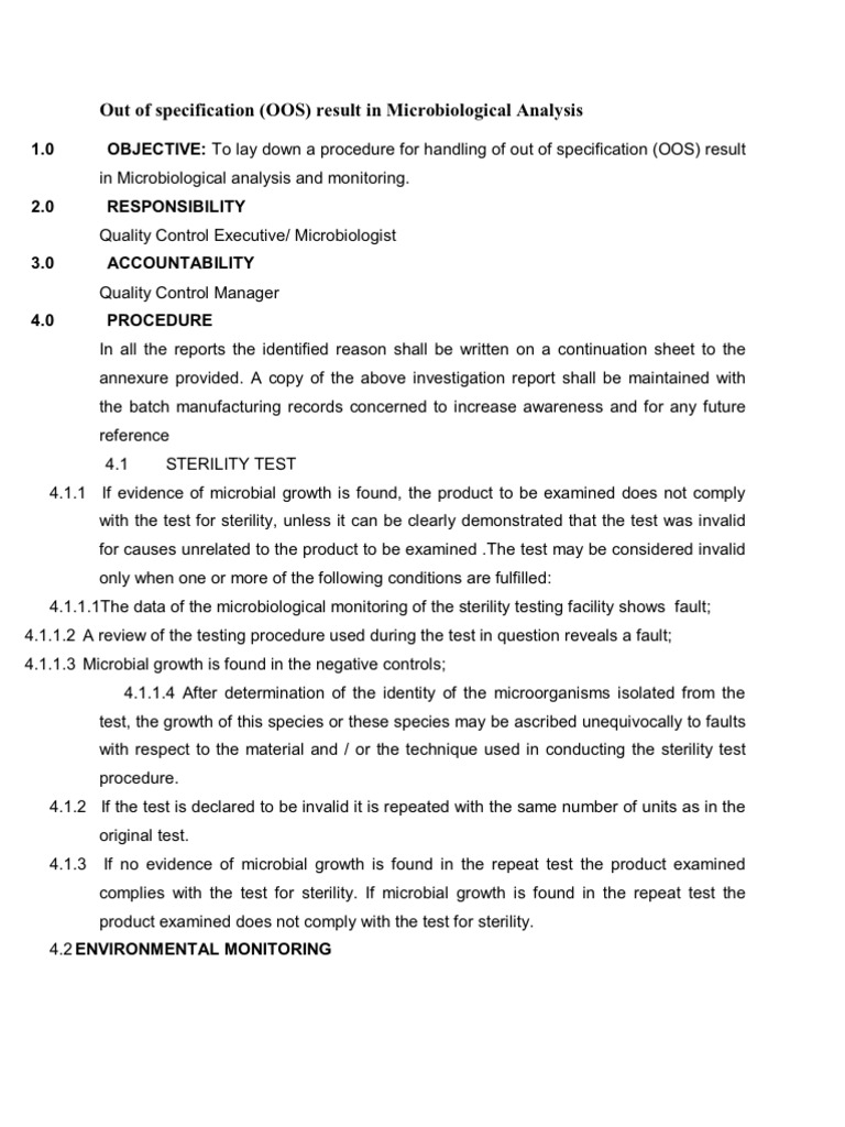 Out of Specification | PDF | Environmental Monitoring | Microorganism