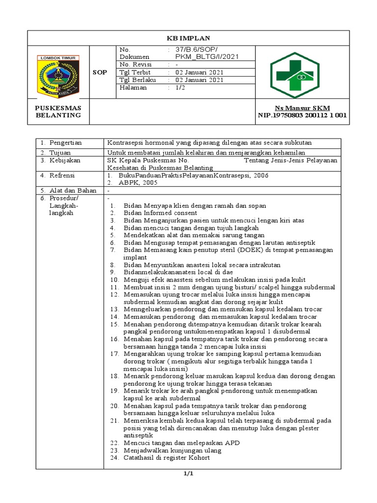SOP Pemasangan KB Implan di Puskesmas | PDF