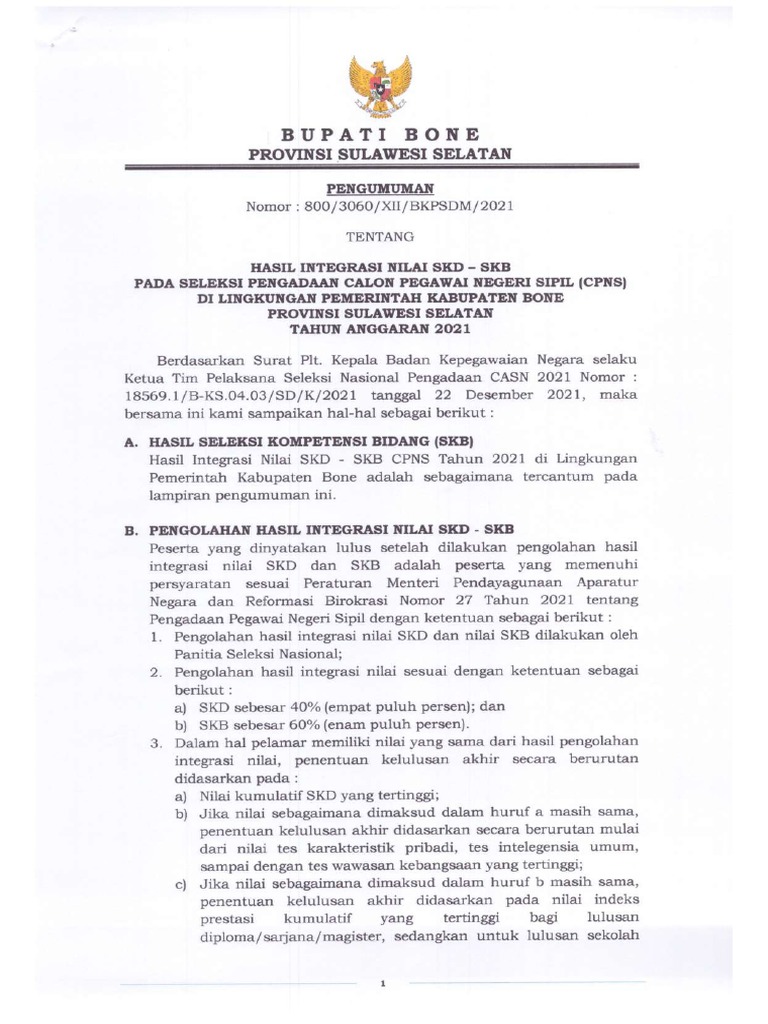 Pengumuman Hasil Integrasi Data SKD SKB CPNS Kab Bone Tahun 2021 | PDF