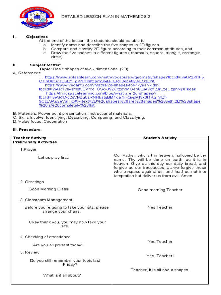 Detailed Lesson Plan - Mathematics | PDF | Rectangle | Elementary ...