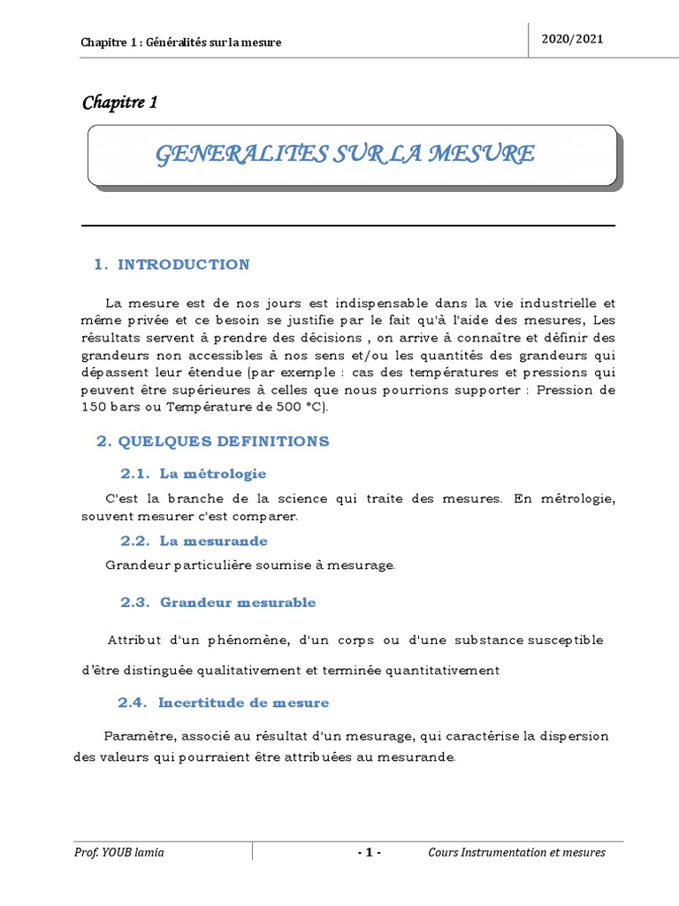 Chapitre 1 Generalites Sur La Mesure - 2020 - 1 | PDF | Calibrage ...