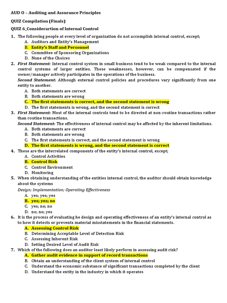 AUD O - Compilation Quiz (Reviewer) | PDF | Internal Control ...