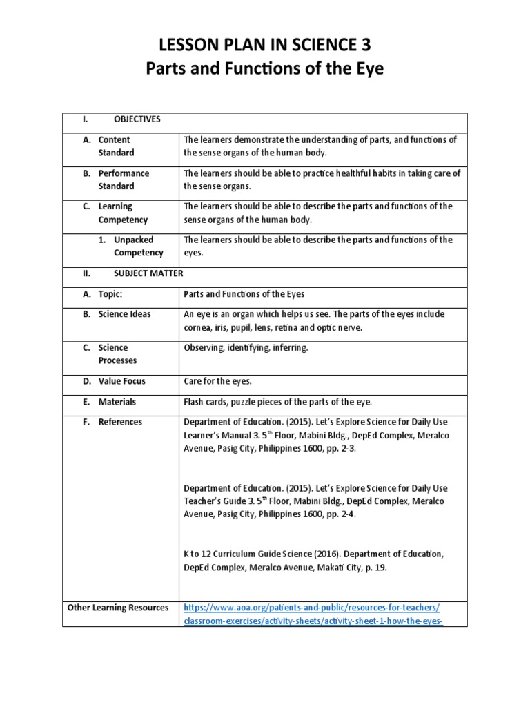 Eye Anatomy and Functions Lesson Plan | PDF | Eye | Human Eye