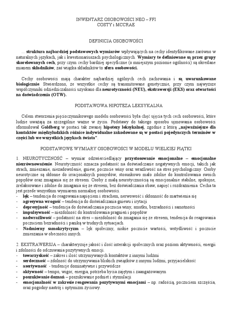 NEO - FFI - Inwentarz Osobowości | PDF