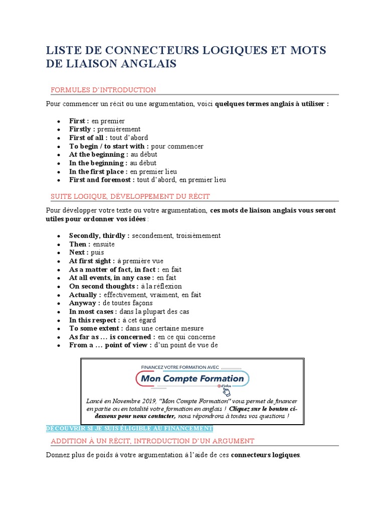 Liste de connecteurs logiques en anglais | PDF