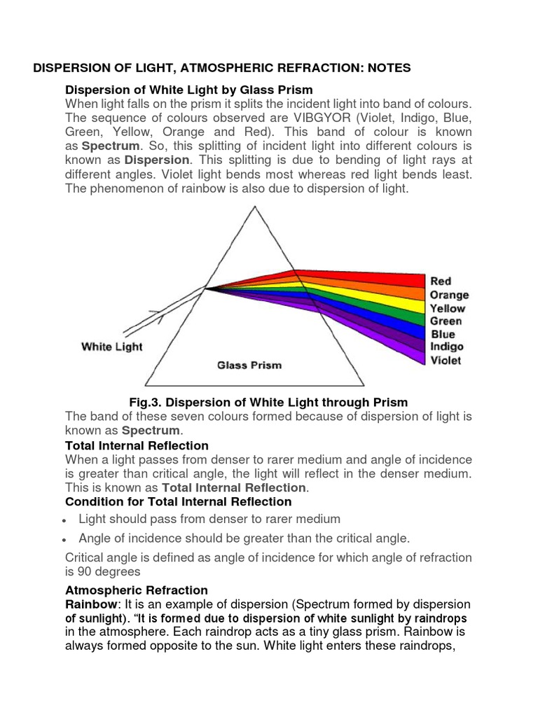 Dispersion of Light Notes | PDF | Rainbow | Refraction