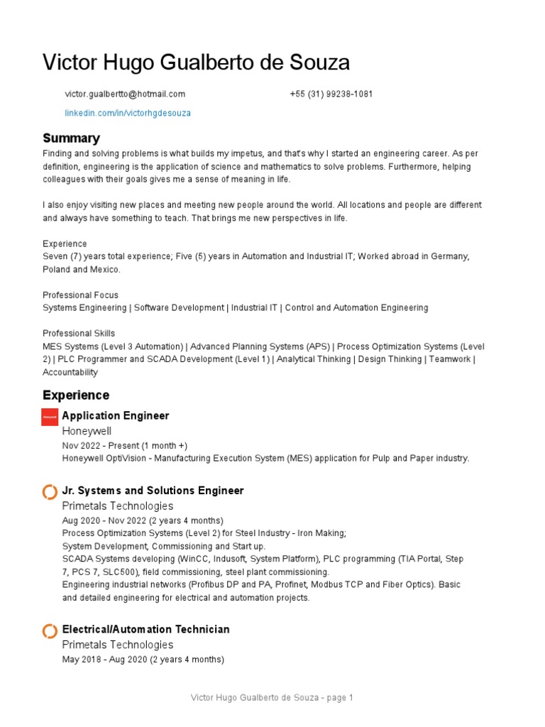 Resume Victor S 2022 Nov | PDF | Automation | Engineering