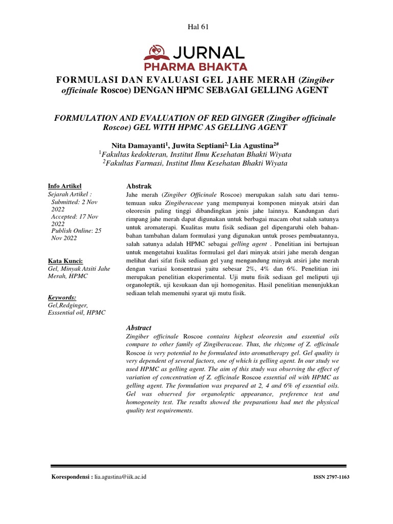 Formulasi Dan Evaluasi Gel Jahe Merah (Zingiber: Officinale Roscoe ...