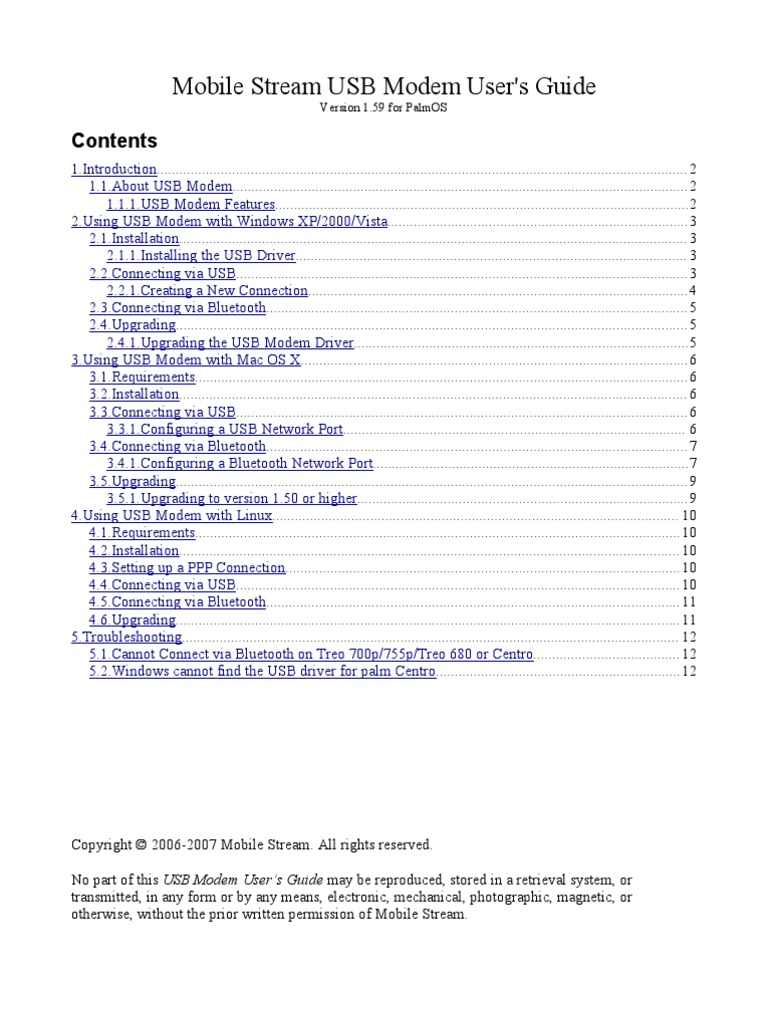 Mobile Stream Usb Modem User'S Guide: Version 1.59 For Palmos | PDF