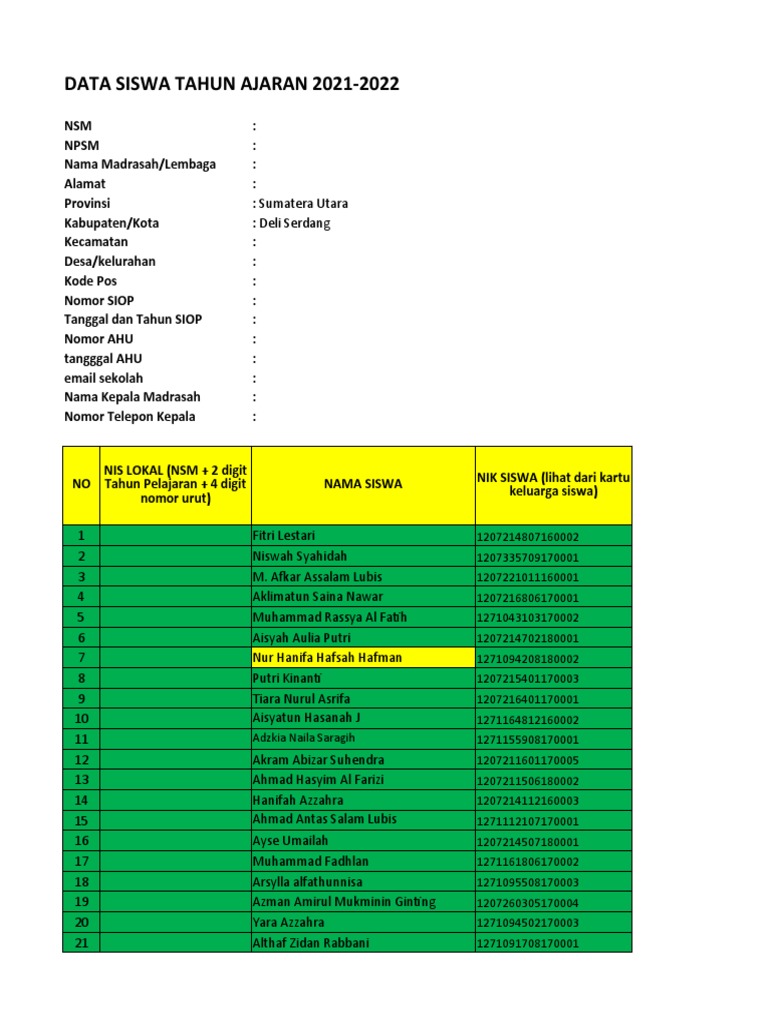 Format Data Siswa Emis & Simpatika Tahun Pelajaran 2022-2023 | PDF