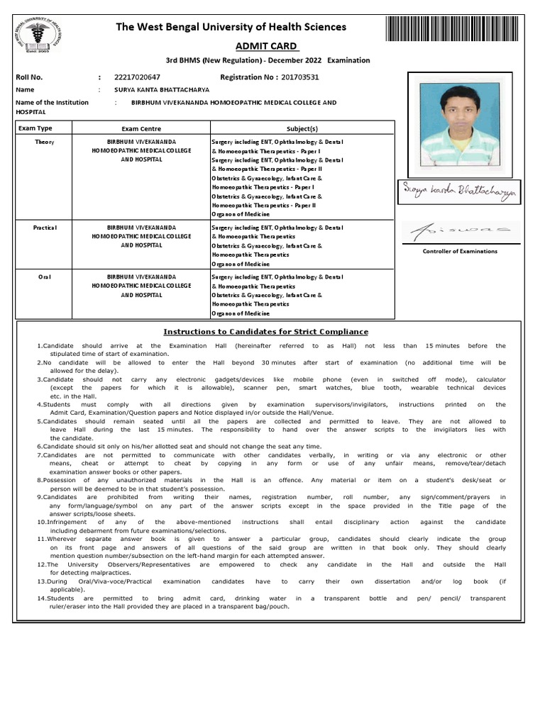Admit Card | PDF | Health Sciences | Medicine