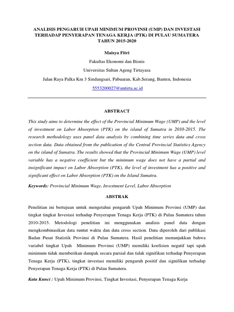 Analisis Pengaruh Upah Minimum Provinsi (Ump) Dan Investasi Terhadap Penyerapan Tenaga Kerja ...