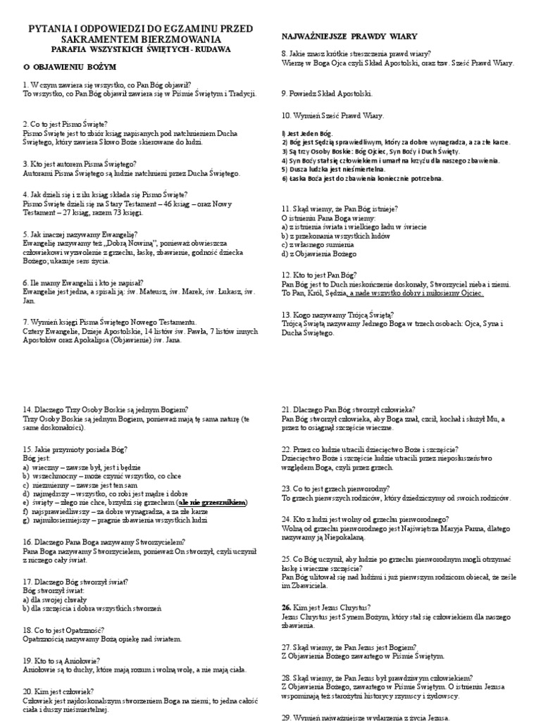 Pytania Do Sakramentu Bierzmowania. | PDF