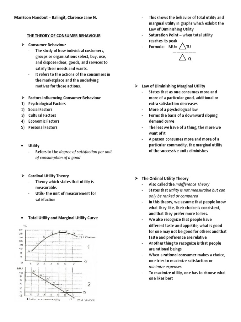 Consumer Behaviour ManEcon Handout | PDF | Utility | Behavior