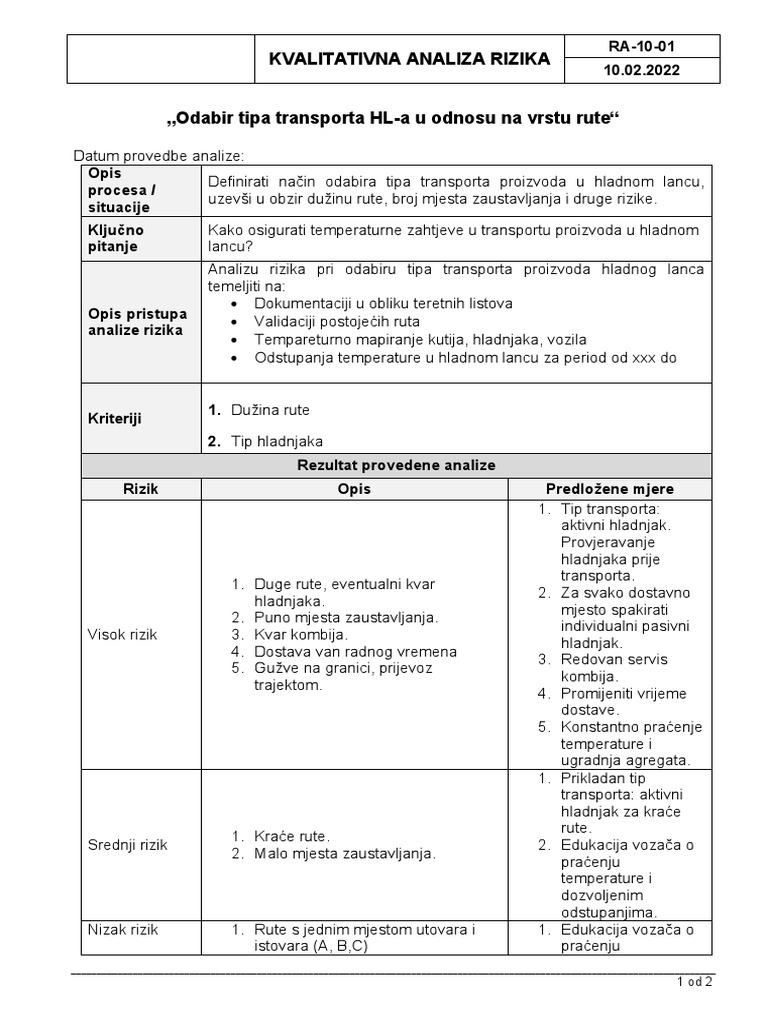 Kvalitativna Analiza Rizika Hladni Lanac - Primjer 2 | PDF