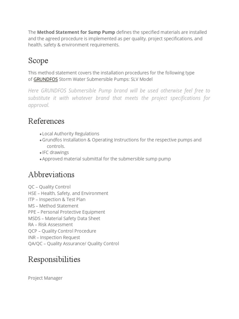 Sump Pump Method of Statement | PDF | Pump | Personal Protective Equipment