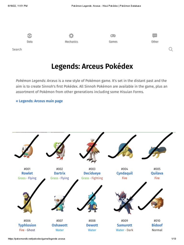 Pokémon Legends - Arceus - Hisui Pokédex - Pokémon Database | PDF | Pokémon | Nintendo Franchises