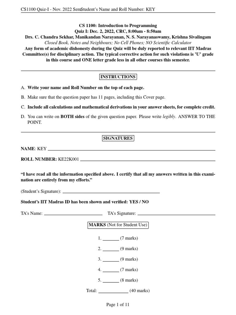 CS1100 Dec 2022 Quiz 1 Solutions | PDF | Integer (Computer Science) | Arithmetic
