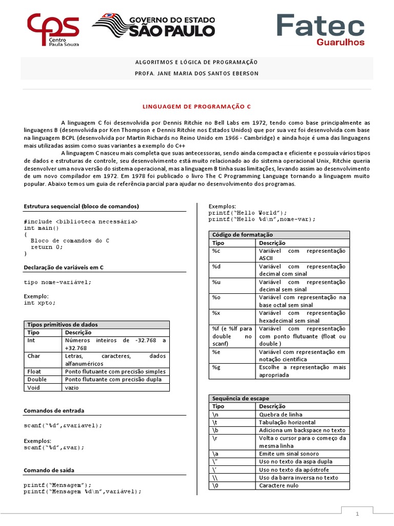 Introdução à Linguagem C: Estruturas, Comandos e Biblioteca Matemática ...