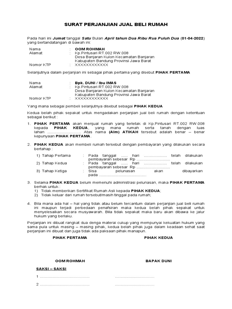 Surat Perjanjian Jual Beli Rumah | PDF