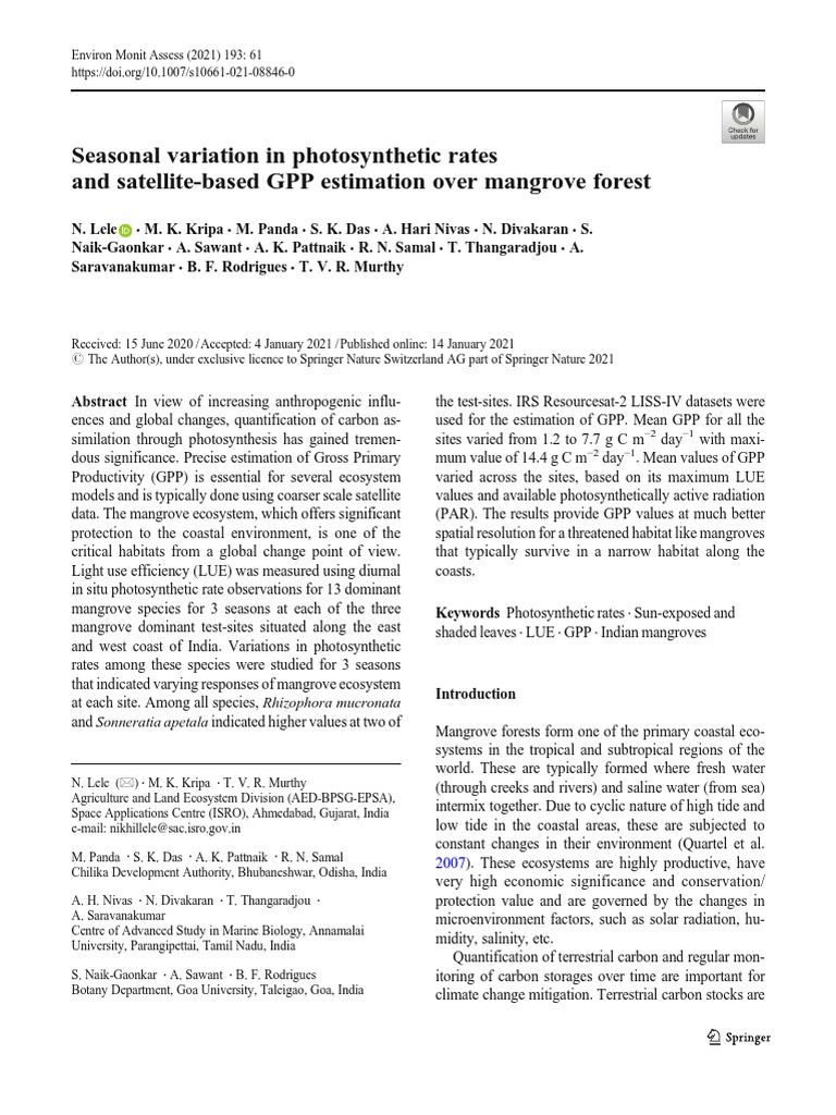 Mangrove GPP and Seasonal Variations (Lele, 2021) | PDF | Photosynthesis | Ecosystem