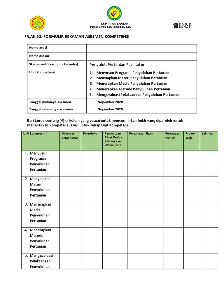 FR - Ak.02. Formulir Rekaman Asesmen Kompetensi | PDF