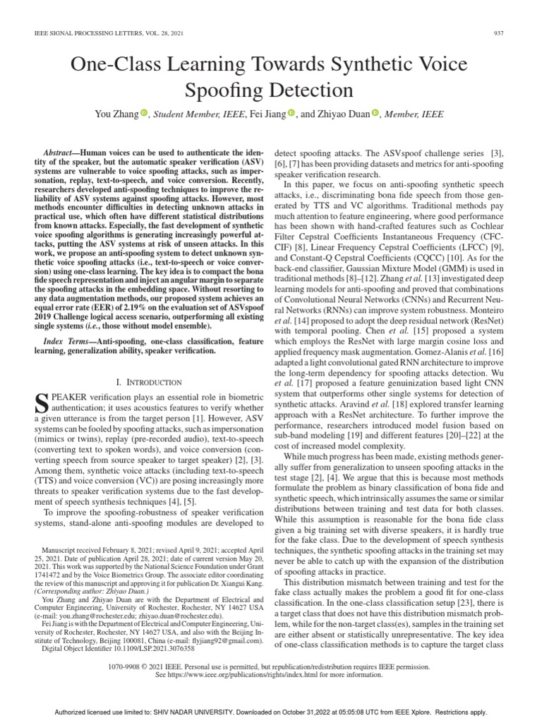 One-Class Learning Towards Synthetic Voice Spoofing Detection | PDF | Speech Synthesis | Deep ...