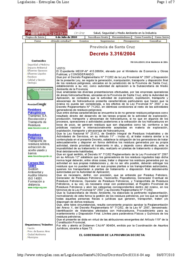 Decreto 3316-2004 | PDF | Petróleo | Residuos