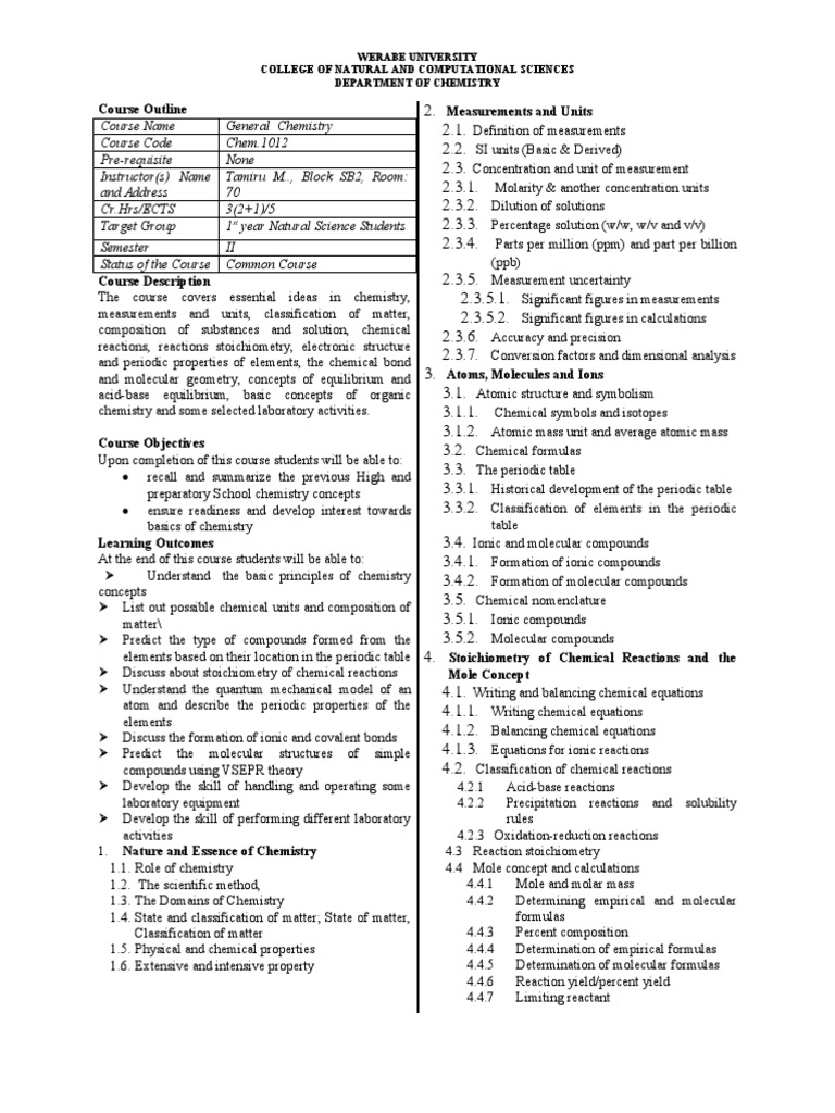 General Chem Course Outline 2015 | PDF | Chemistry | Molecules