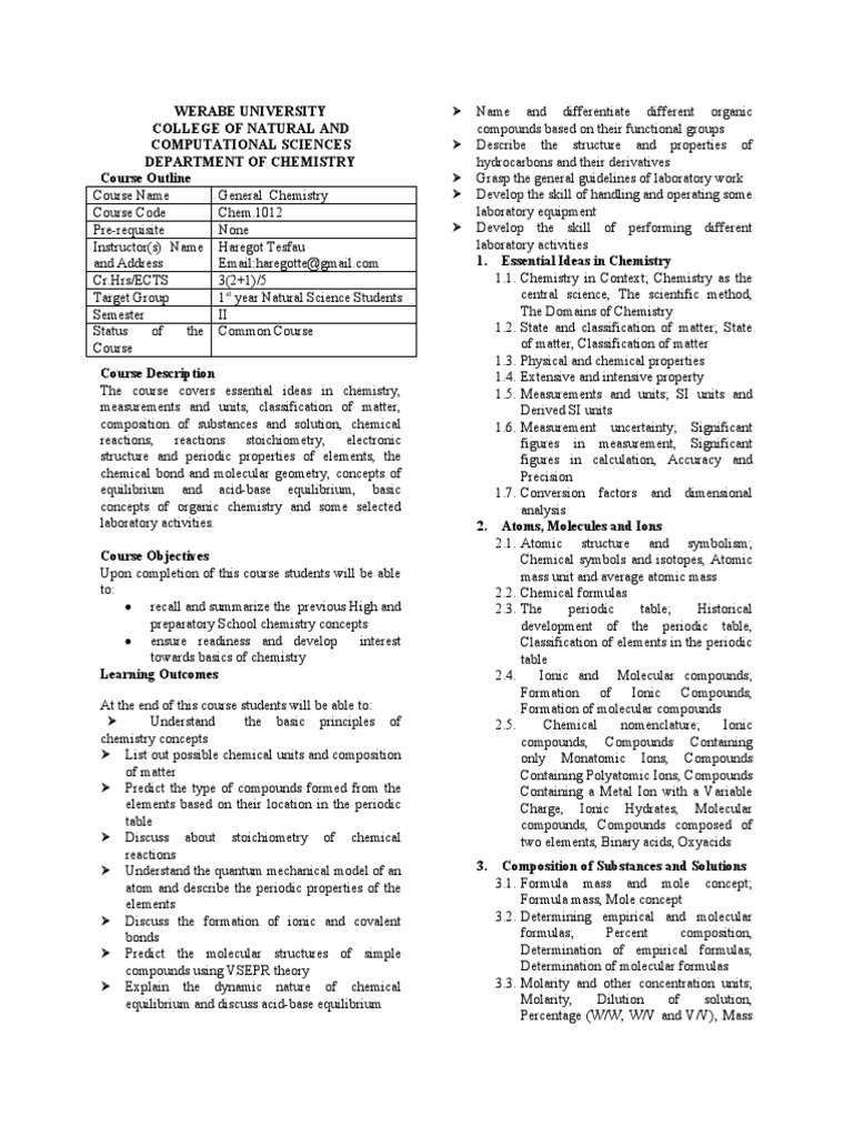 1st Year Course Outline | PDF | Chemistry | Chemical Compounds
