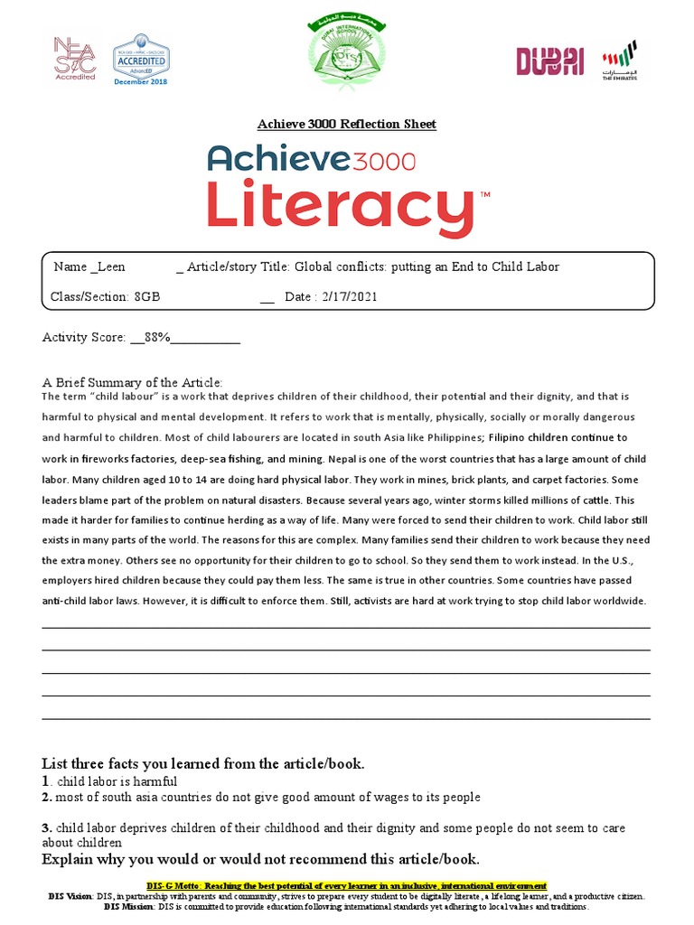 Achieve 3000 Reflection Sheet | PDF | Child Labour | Learning