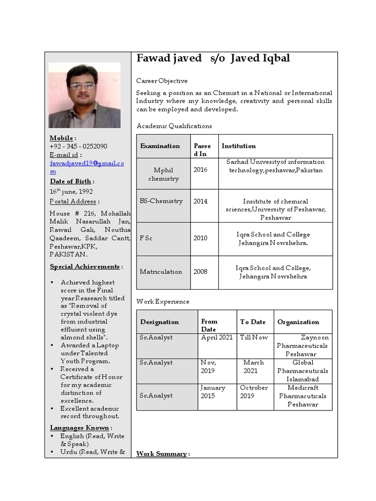 Fawad Javed Updated CV | PDF | Chemistry | Science