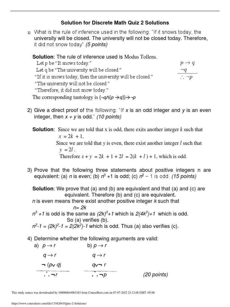Discrete Math Quiz 2.2016.solutions | PDF | Number Theory ...