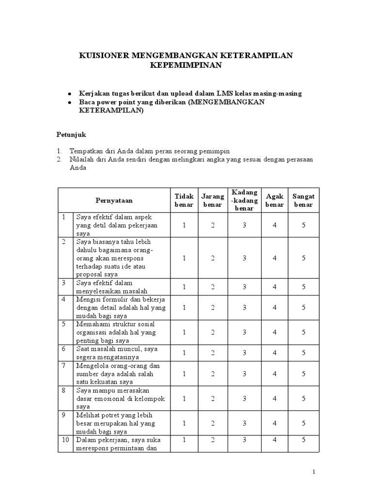 Kuisioner Mengembangkan Keterampilan Kepemimpinan | PDF | Pengembangan Diri