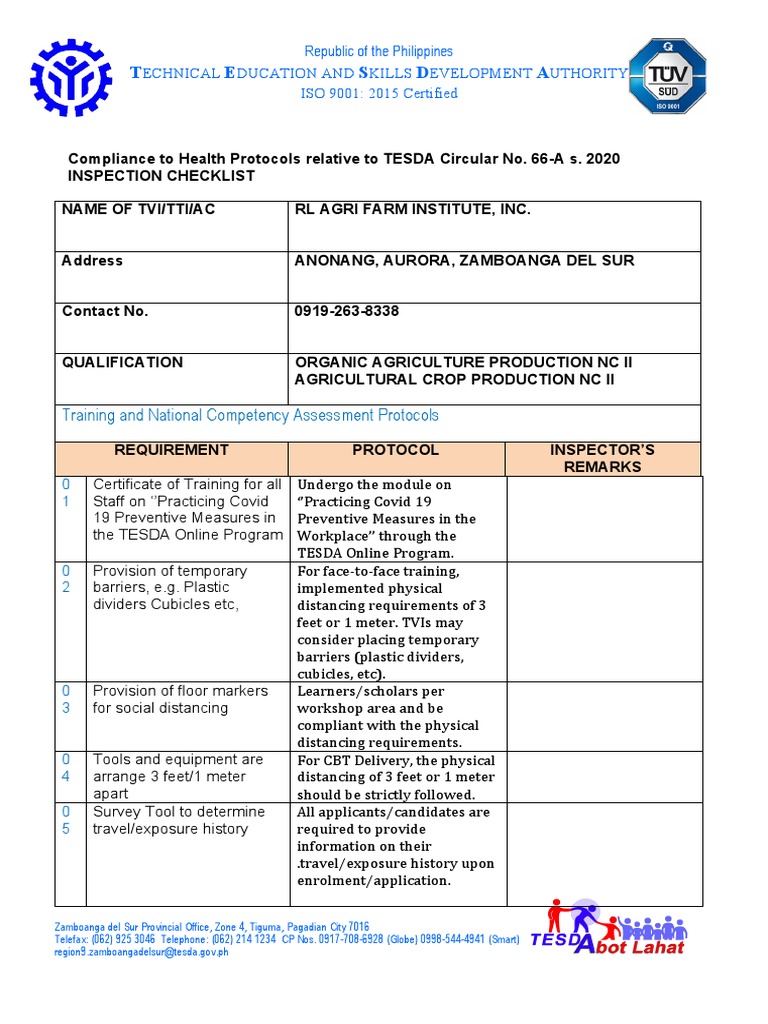 INSPECTION CHECKLIST FOR HEALTH PROTOCOL | PDF | Laboratories ...
