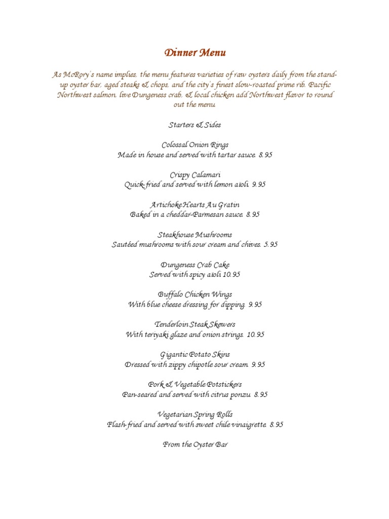 Dinner Menu | PDF | Steak | Salad