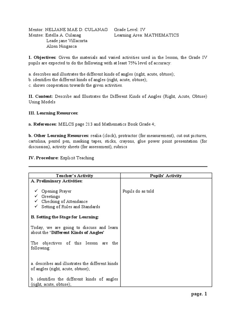 Lesson Plan | PDF | Angle