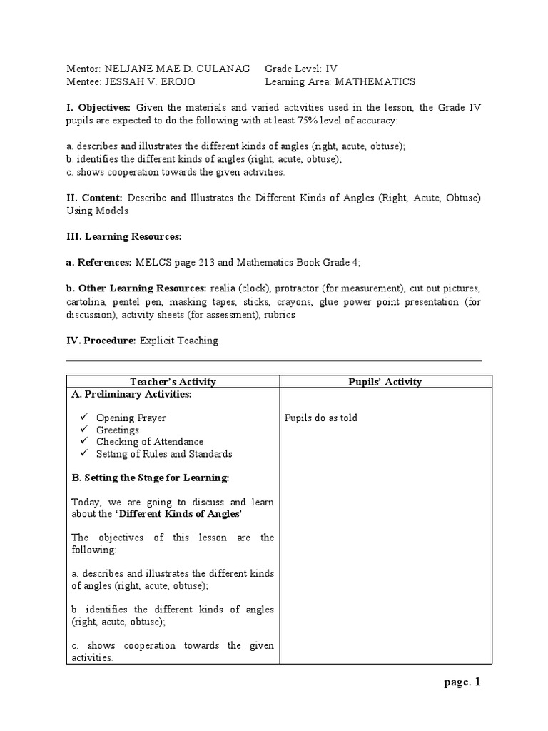 Lesson Plan | PDF | Angle | Learning