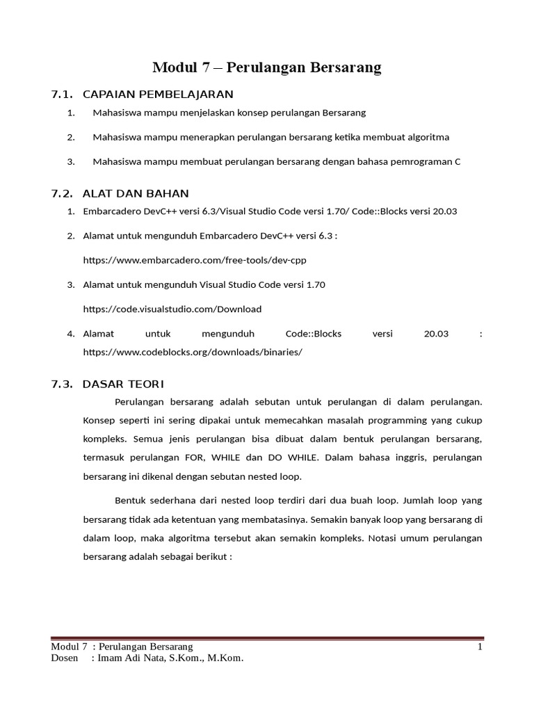 Modul 7 - Perulangan Bersarang | PDF | Komputer