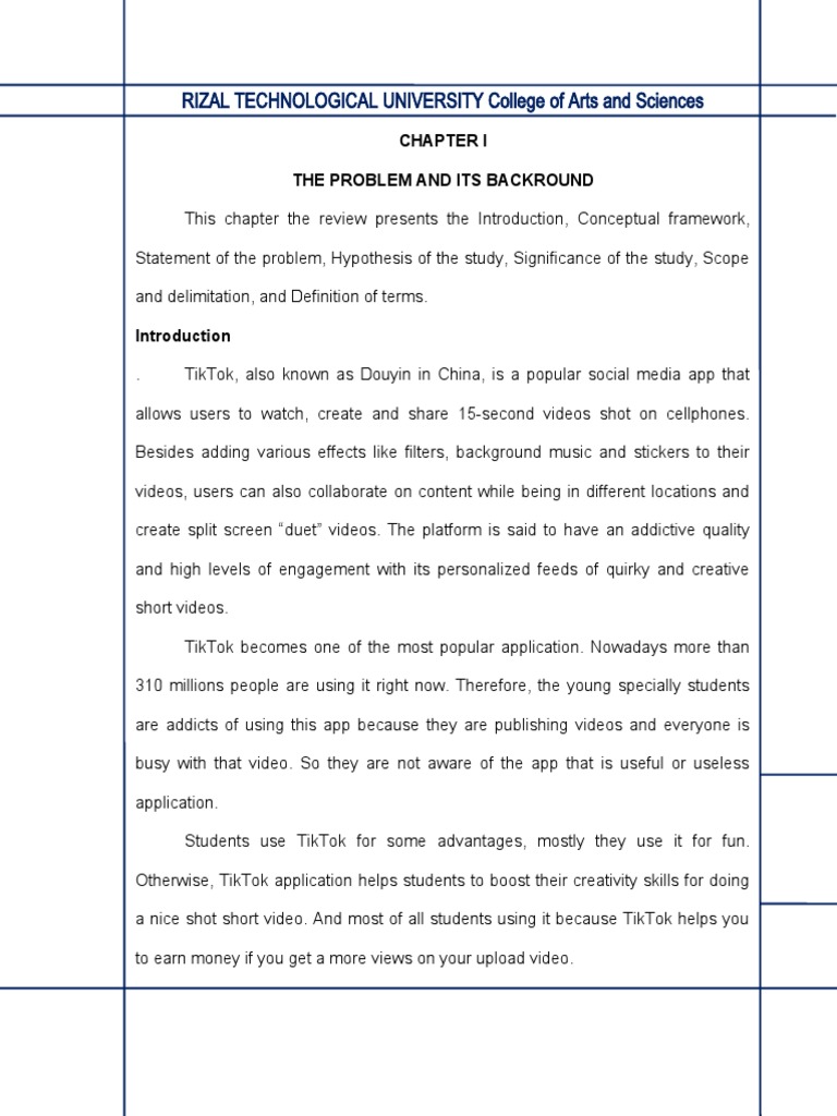 RIZAL TECHNOLOGICAL UNIVERSITY College of Arts and Sciences: The Problem and Its Backround | PDF ...