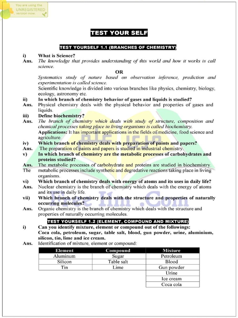 9th Chemistry Chapter 1 Test | PDF