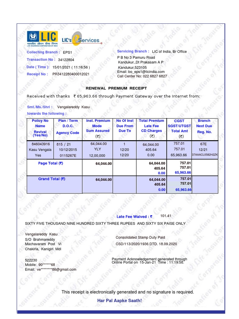 Lic Premium Receipt | PDF