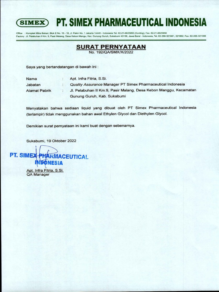 Surat Pernyataan Obat Sirup | PDF