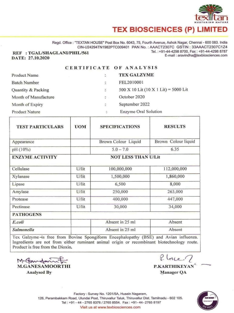 Tex Galzyme COA | PDF