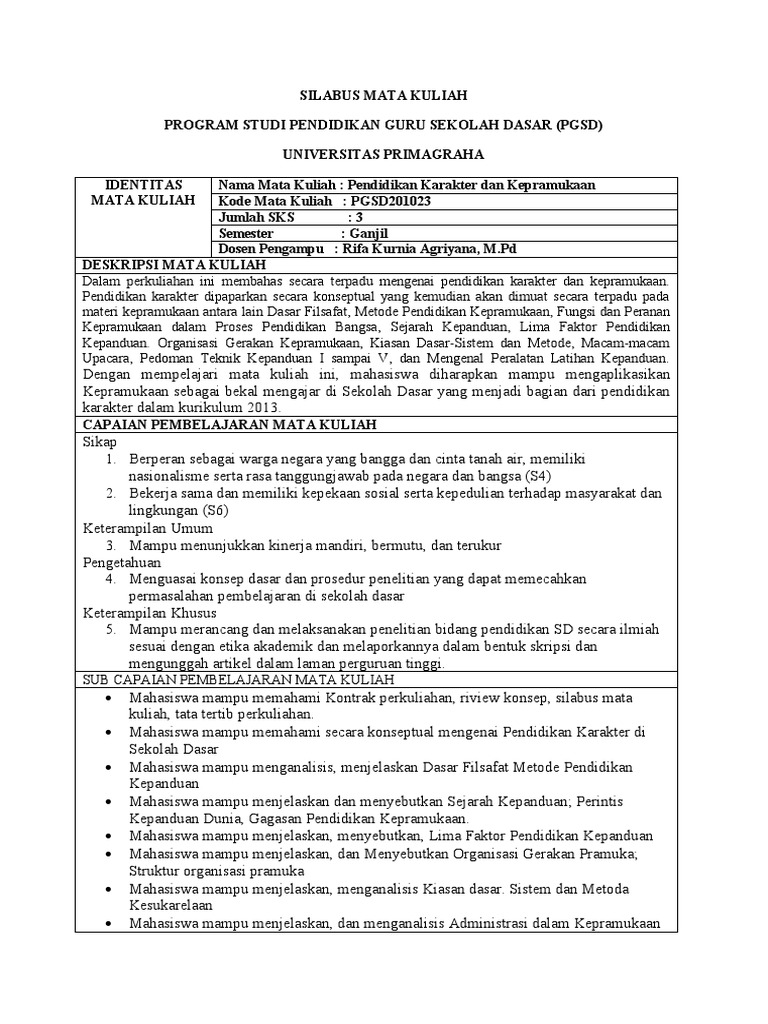 Silabus & RPS Mata Kuliah Pendidikan Karakter Dan Kepramukaan | PDF