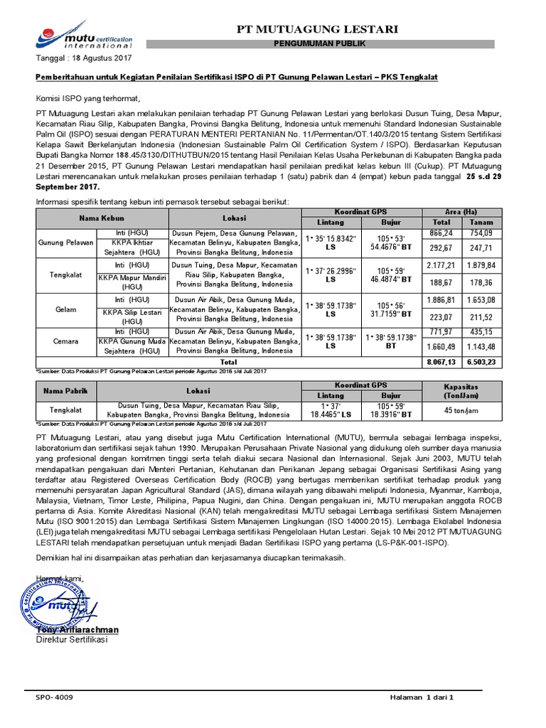 Pengumuman Publik ISPO STAGE-2 PT Gunung Pelawan Lestari - Tengkalat ...