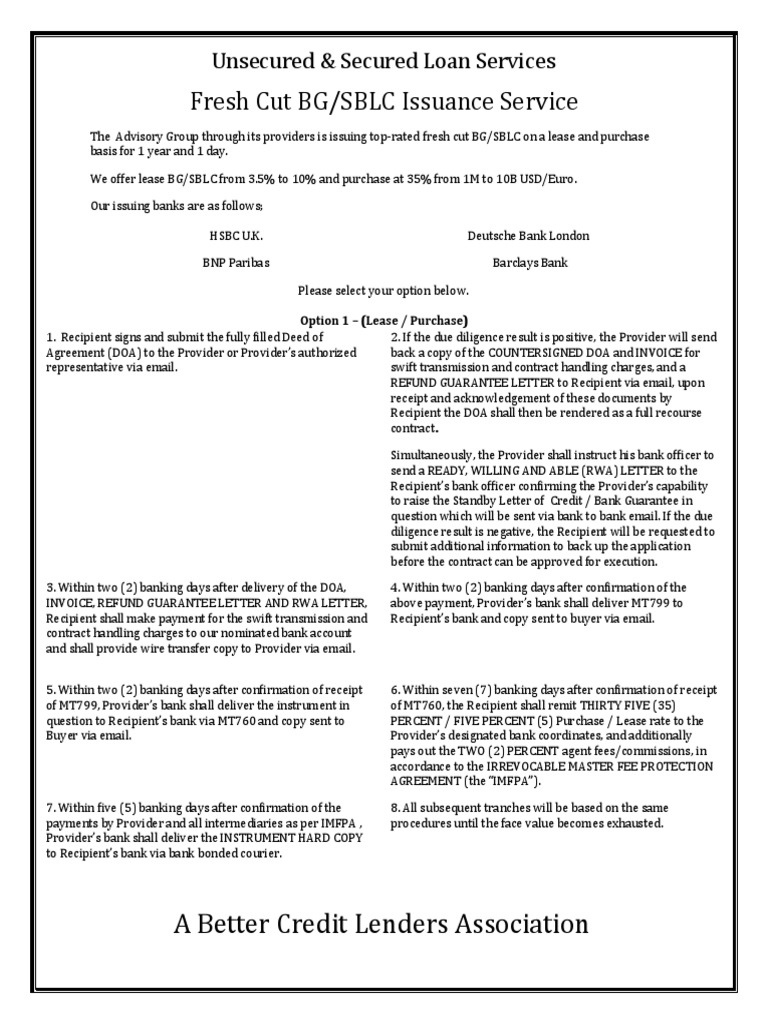 FC BG-SBLC Services | PDF | Letter Of Credit | Loans